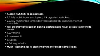 ekologiya fanidan muhit va uning turlari to'g'risida | PPTX