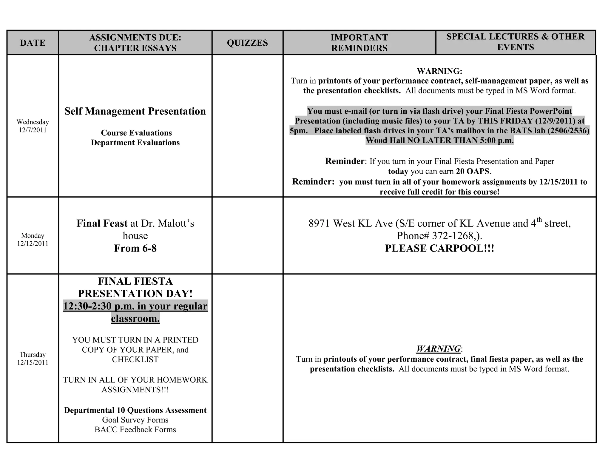 Fall 2011 Assignment Guide | PPT