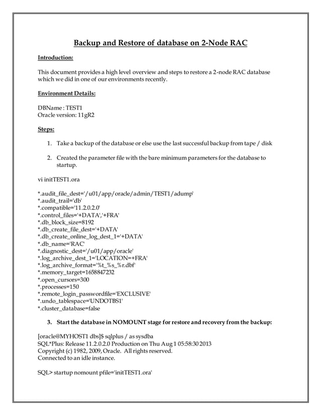 Backup and Restore of database on 2-Node RAC | DOCX