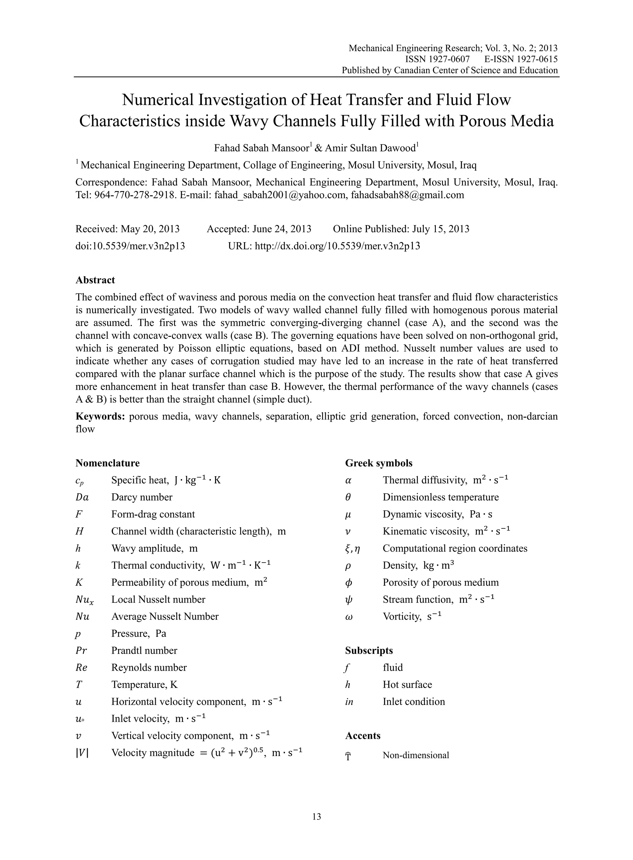 Numerical investigation of heat transfer and fluid flow characteristics ...
