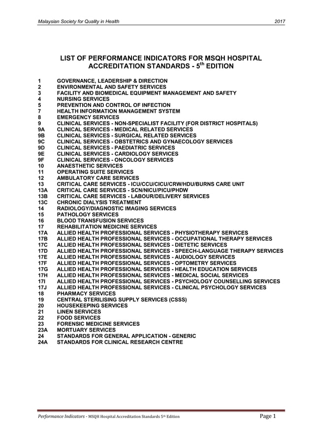 2- Performance Indicators MSQH Hospital Accreditation Standards 5th ...