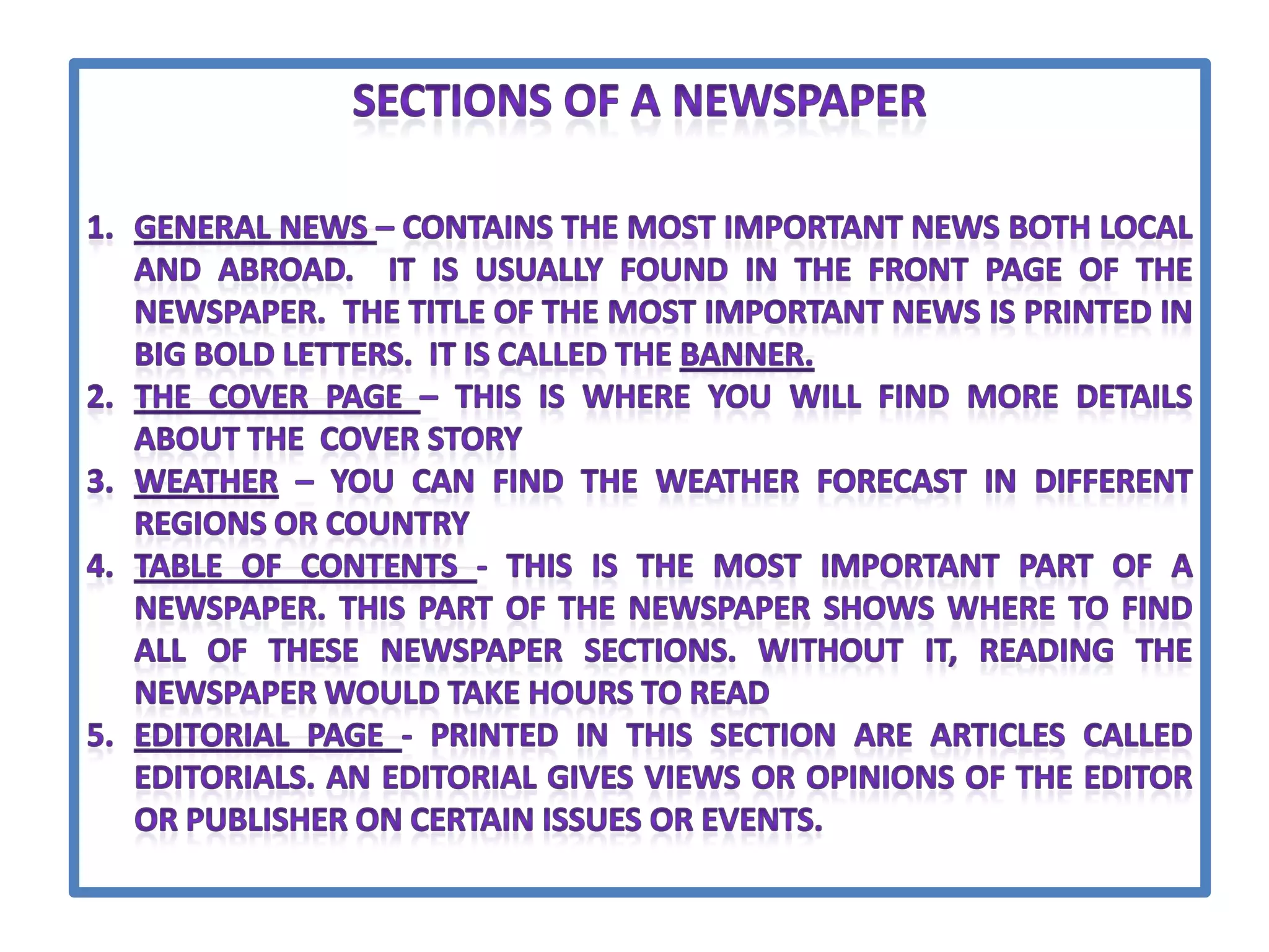 SECTIONS OF NEWSPAPER | PPTX
