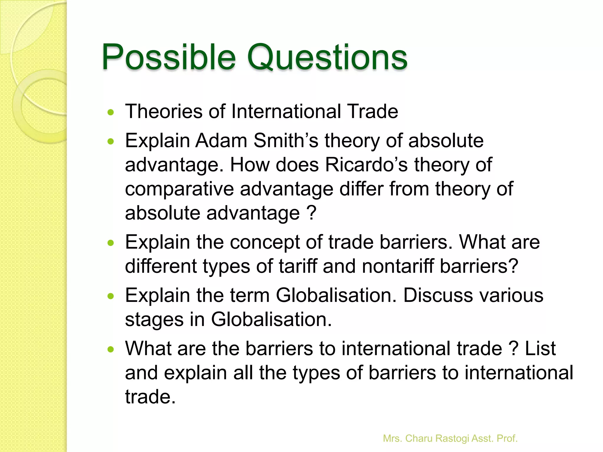2. Theories of International Trade, Tariff and Non-tariff barriers and ...