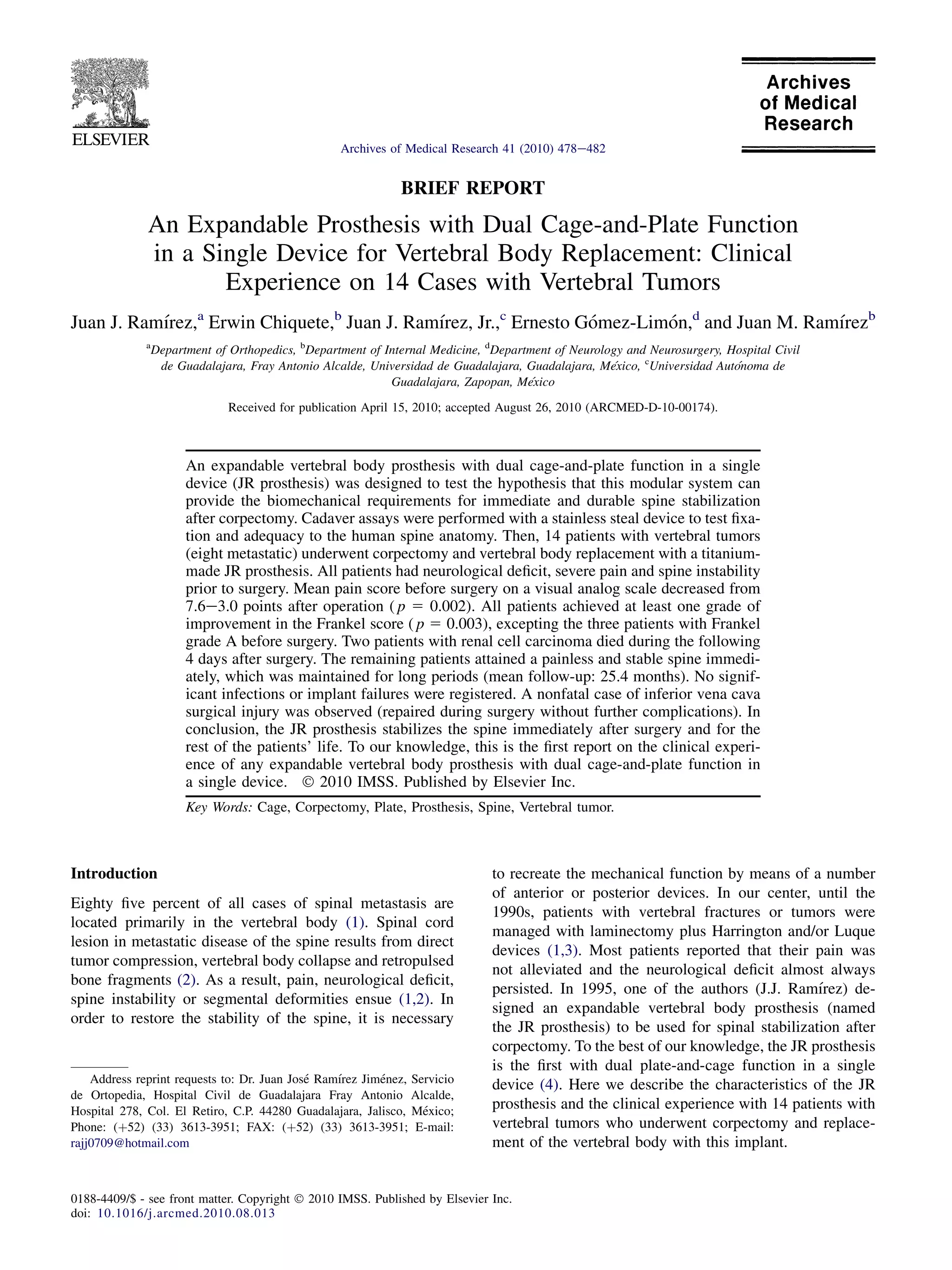 An Expandable Prosthesis with Dual Cage-and-Plate Function in a Single ...