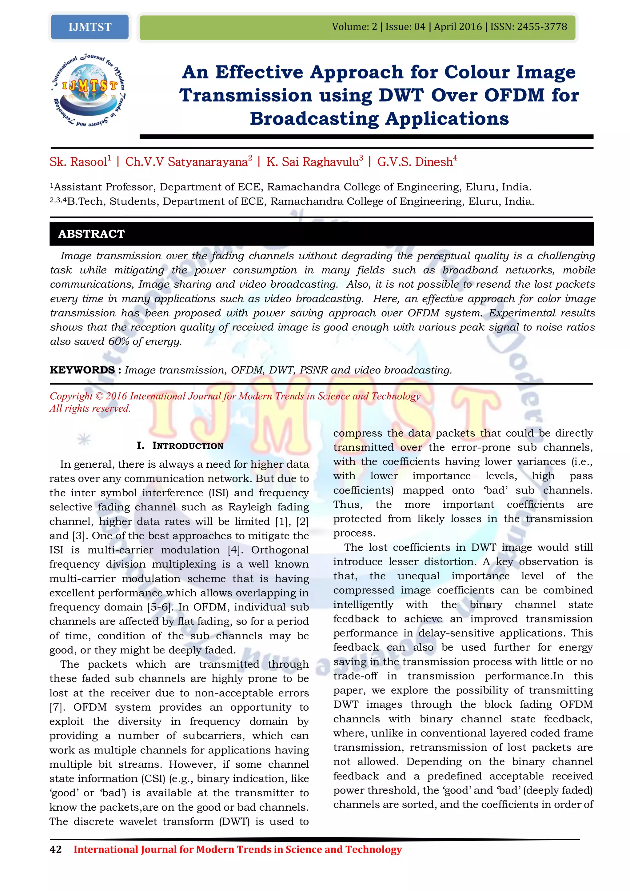 An Effective Approach for Colour Image Transmission using DWT Over OFDM for Broadcasting ...