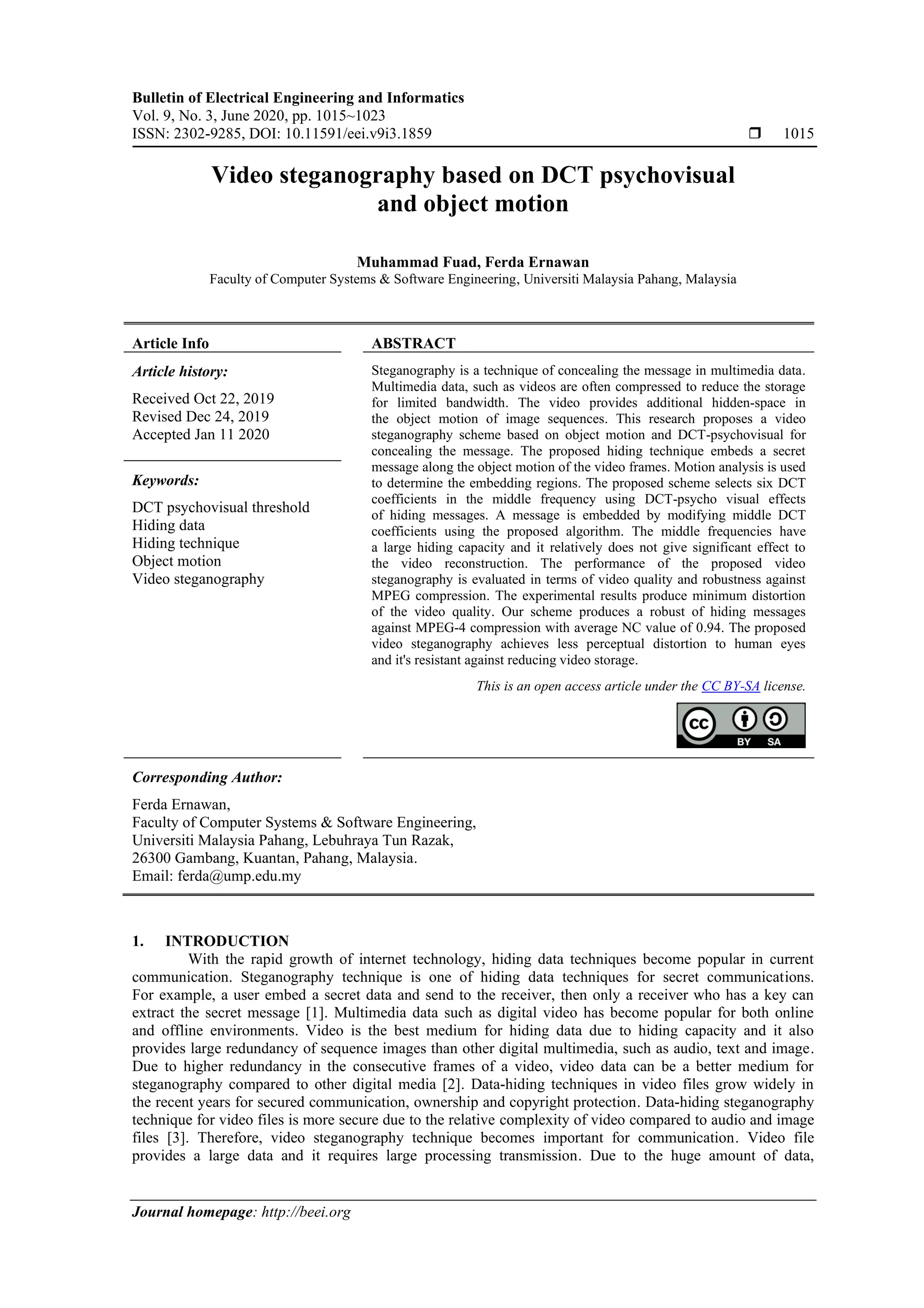 Video steganography based on DCT psychovisual and object motion | PDF