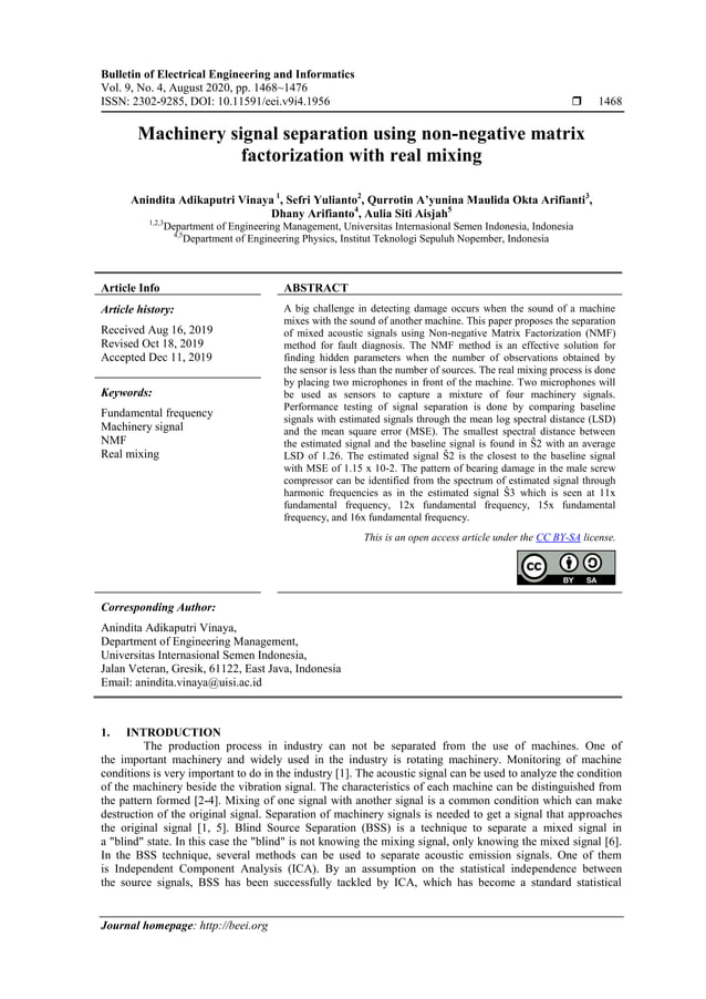 Machinery signal separation using non-negative matrix factorization with real mixing | PDF