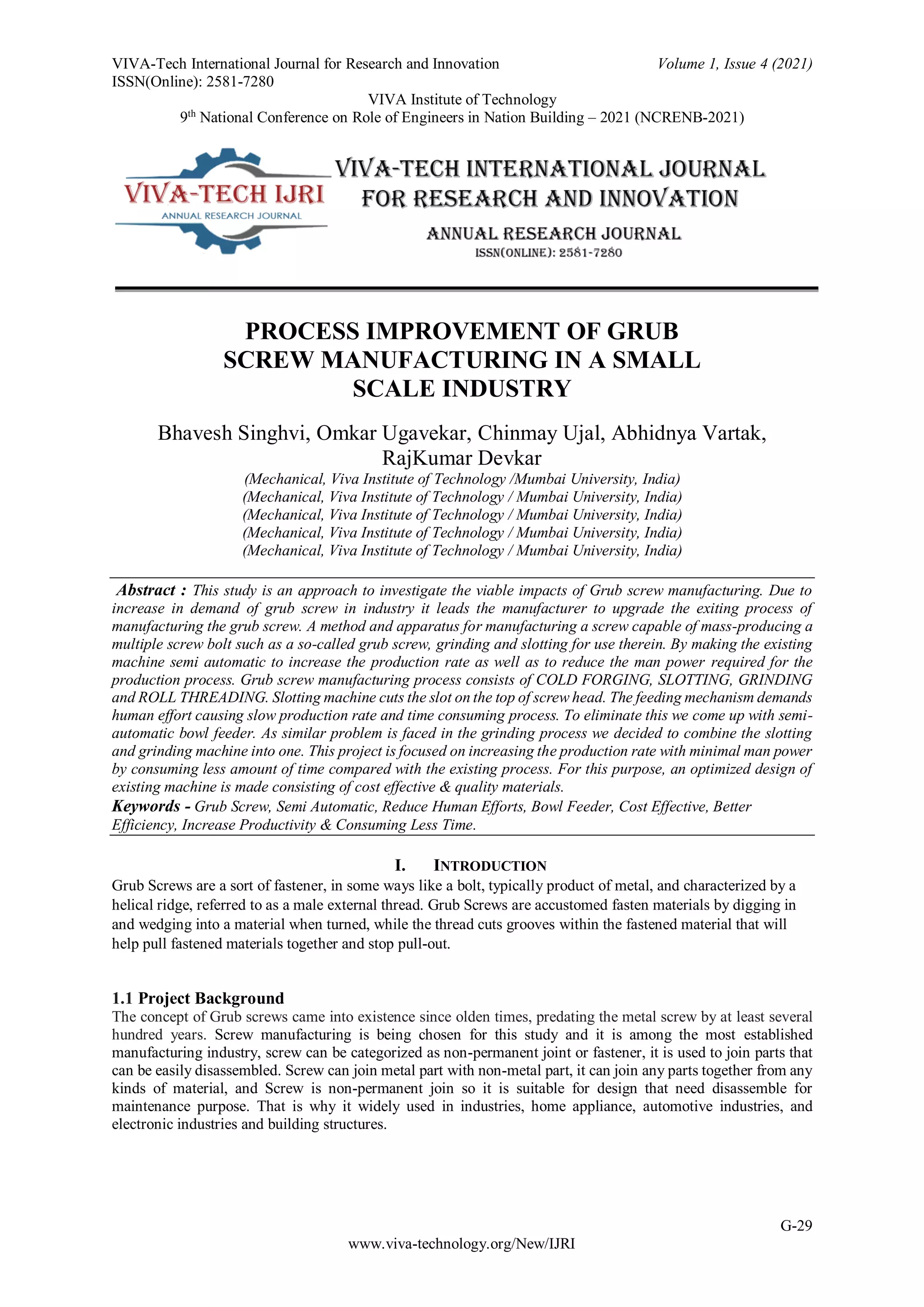 PROCESS IMPROVEMENT OF GRUB SCREW MANUFACTURING IN A SMALL SCALE INDUSTRY | PDF