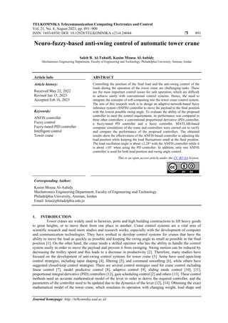 Neuro-fuzzy-based anti-swing control of automatic tower crane | PDF
