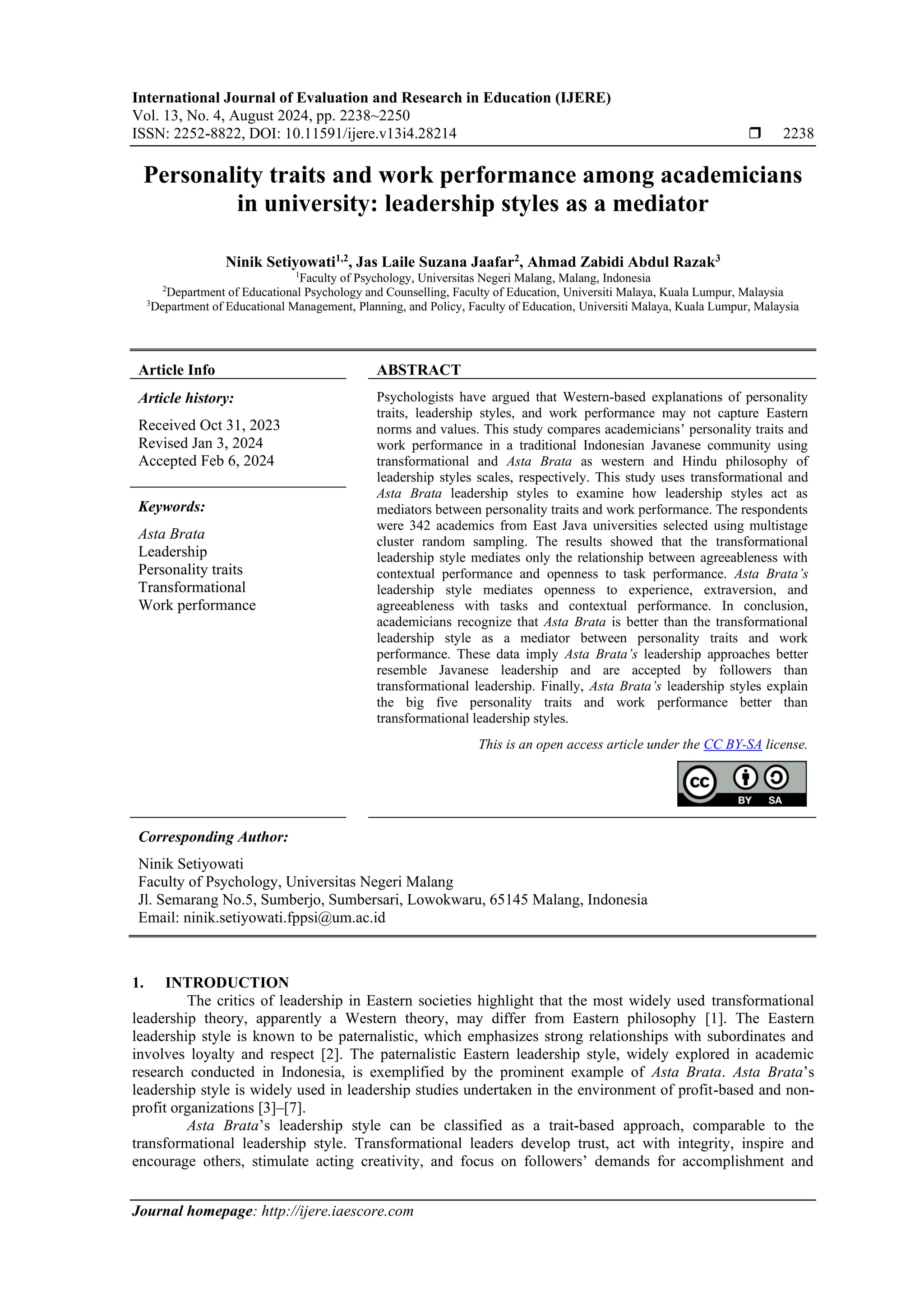Personality traits and work performance among academicians in ...