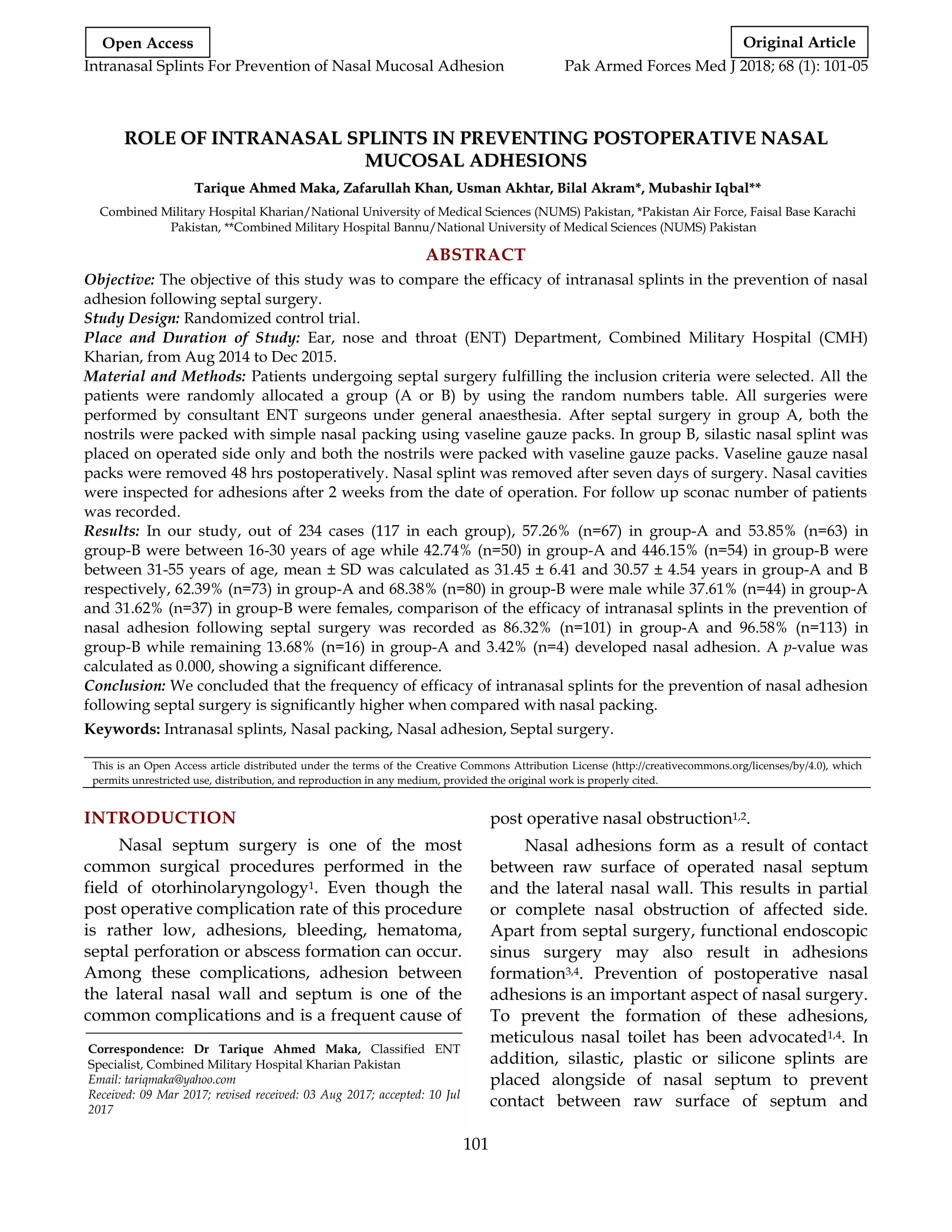 Intranasal Splints For Prevention of Nasal Mucosal Adhesion | PDF