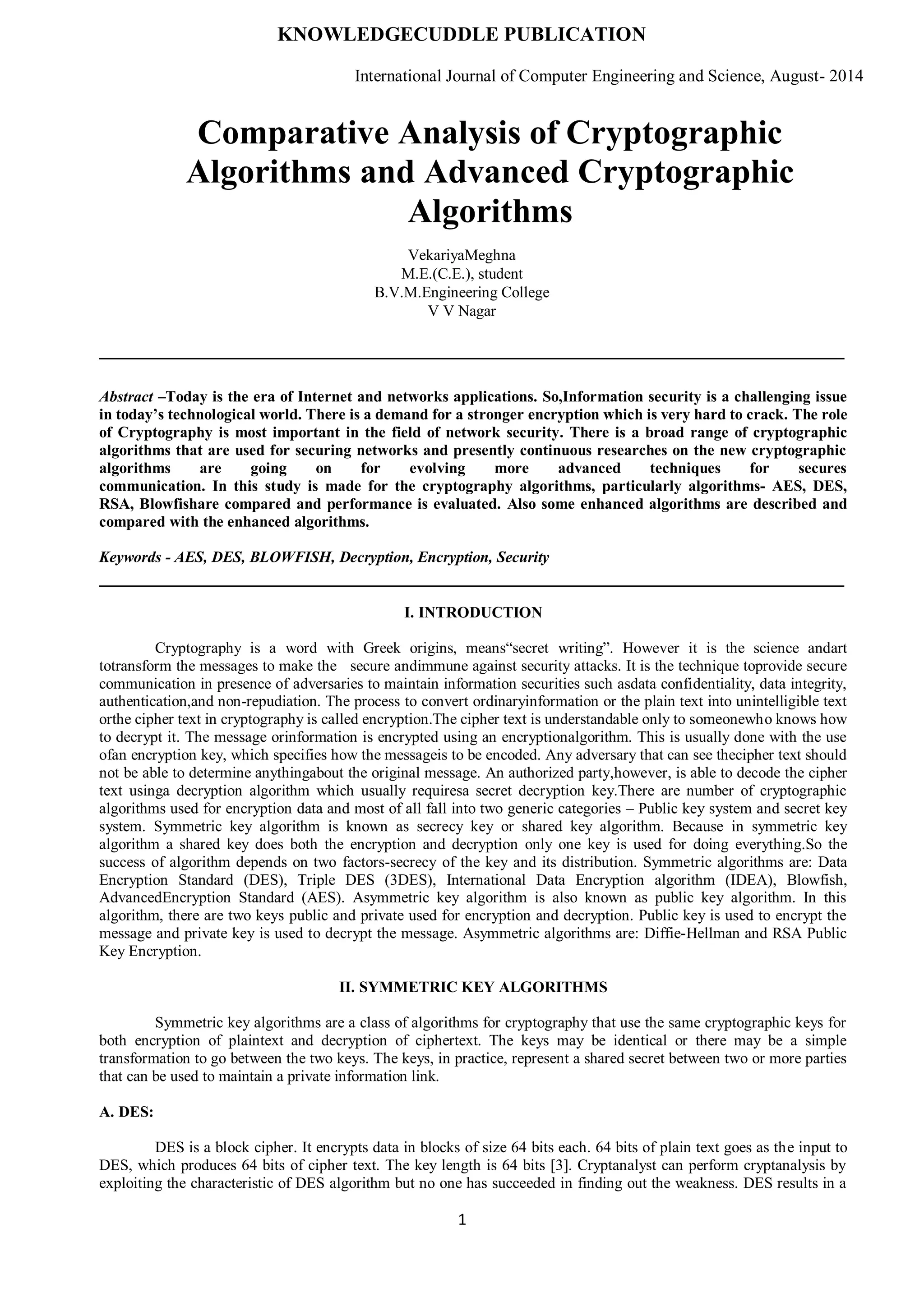 Comparative Analysis Of Cryptographic Algorithms And Advanced Cryptographic Algorithms Pdf