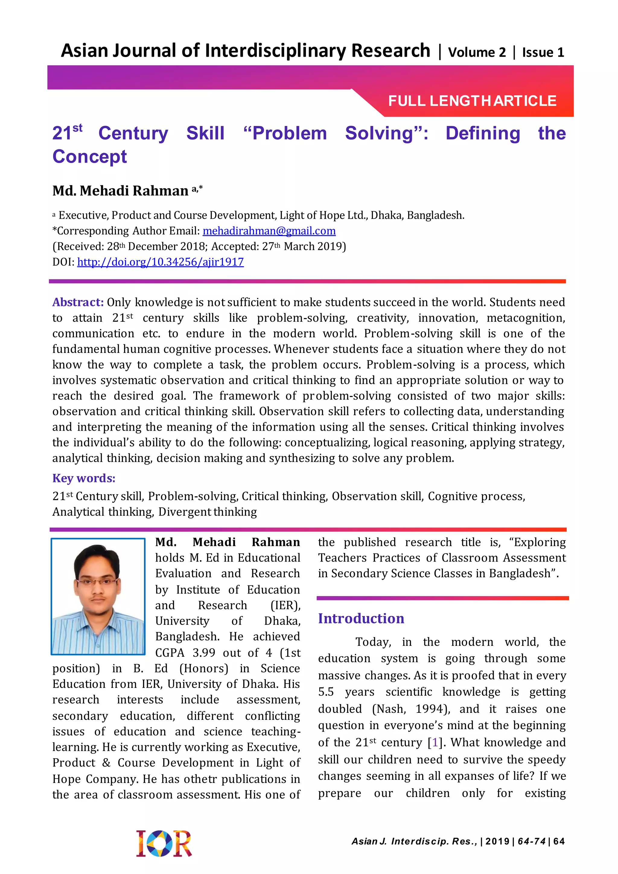 21st Century Skill “Problem Solving”: Defining the Concept | PDF