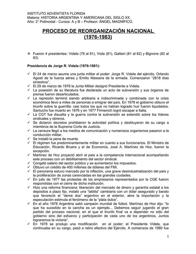 Historia Del Proceso De Reorganización Nacional En Argentina 1976 1983