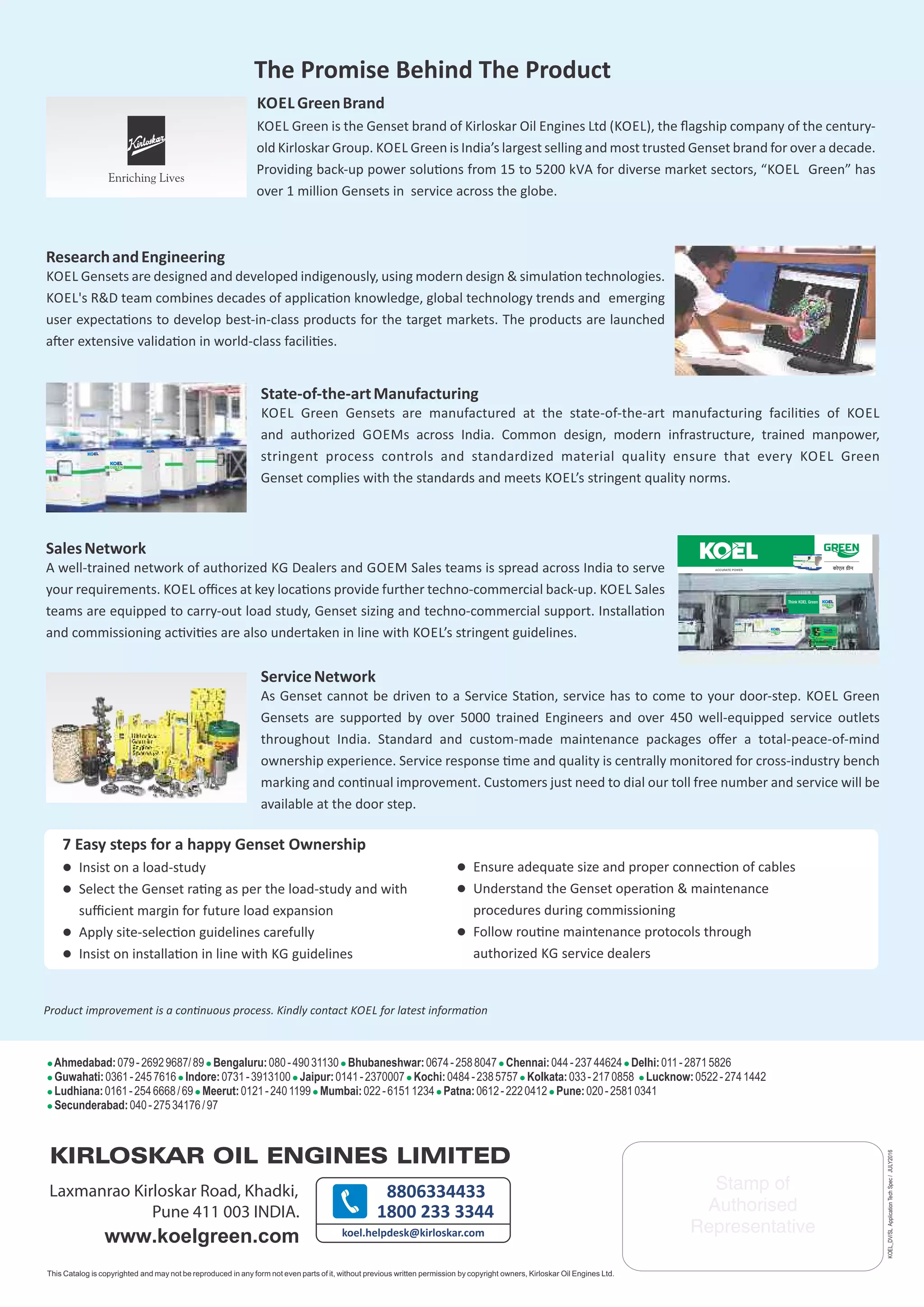 KOEL Green by Kirloskar DG Gensets 200 kVA – 1010 kVA Specification | PDF