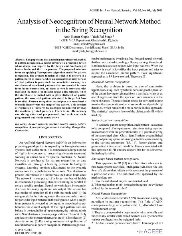 Analysis of Neocognitron of Neural Network Method in the String Recognition | PDF