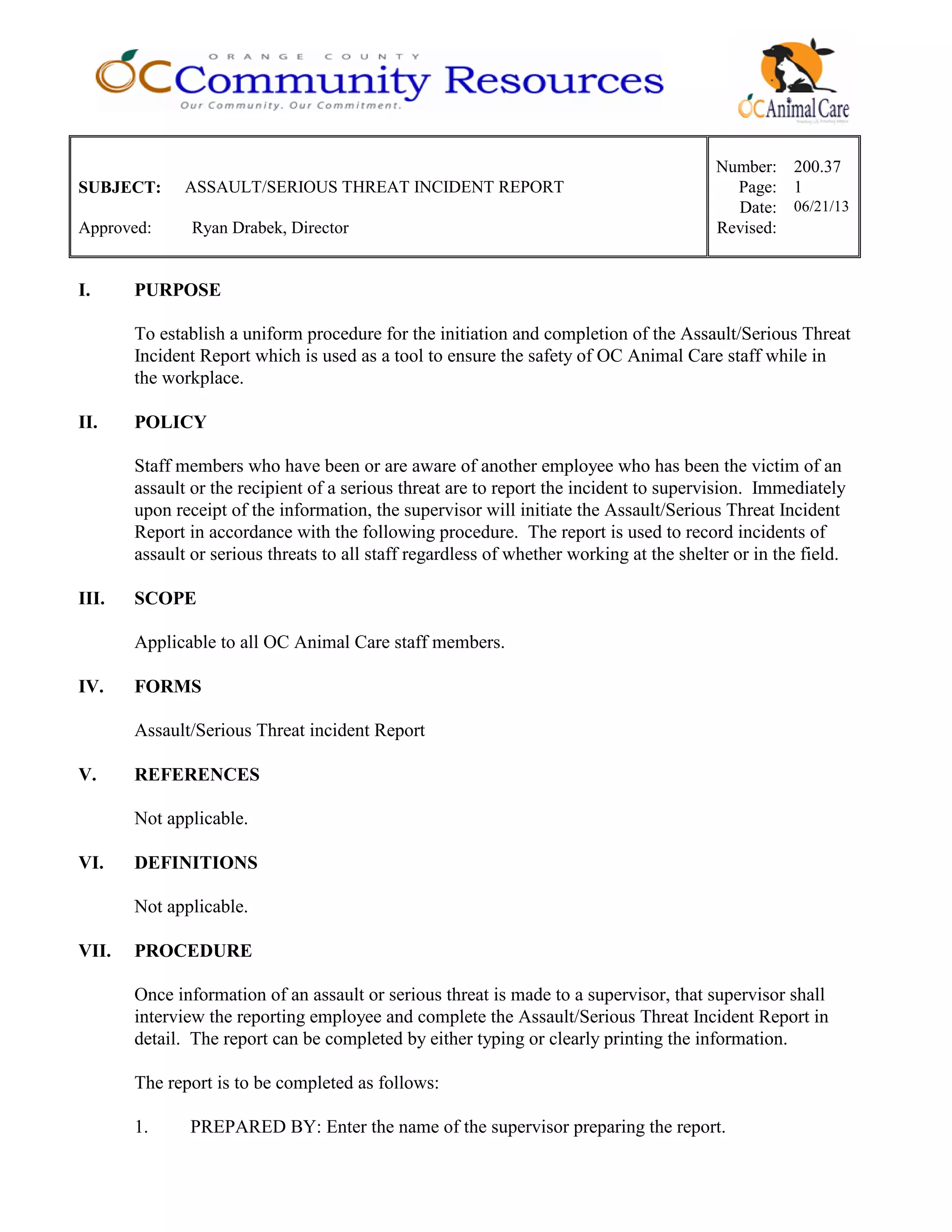 200.37 assault serious threat incident report | PDF