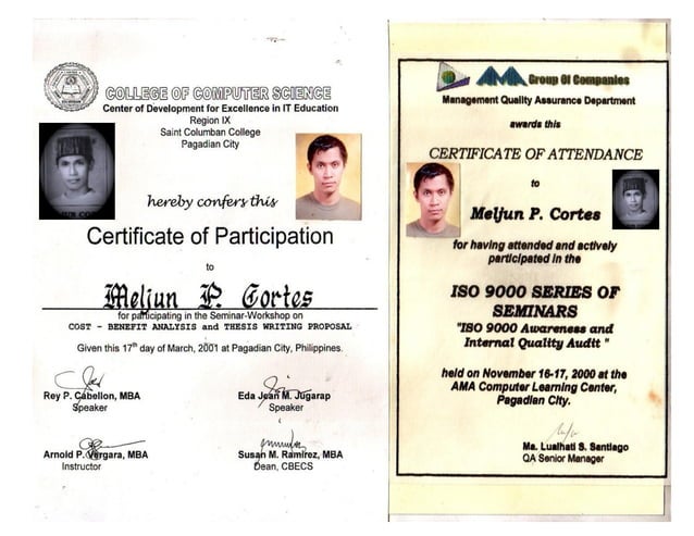 2000-2001 Certificate SCC Cost Benefit Thesis Writing ISO 9000 series of seminar | PDF