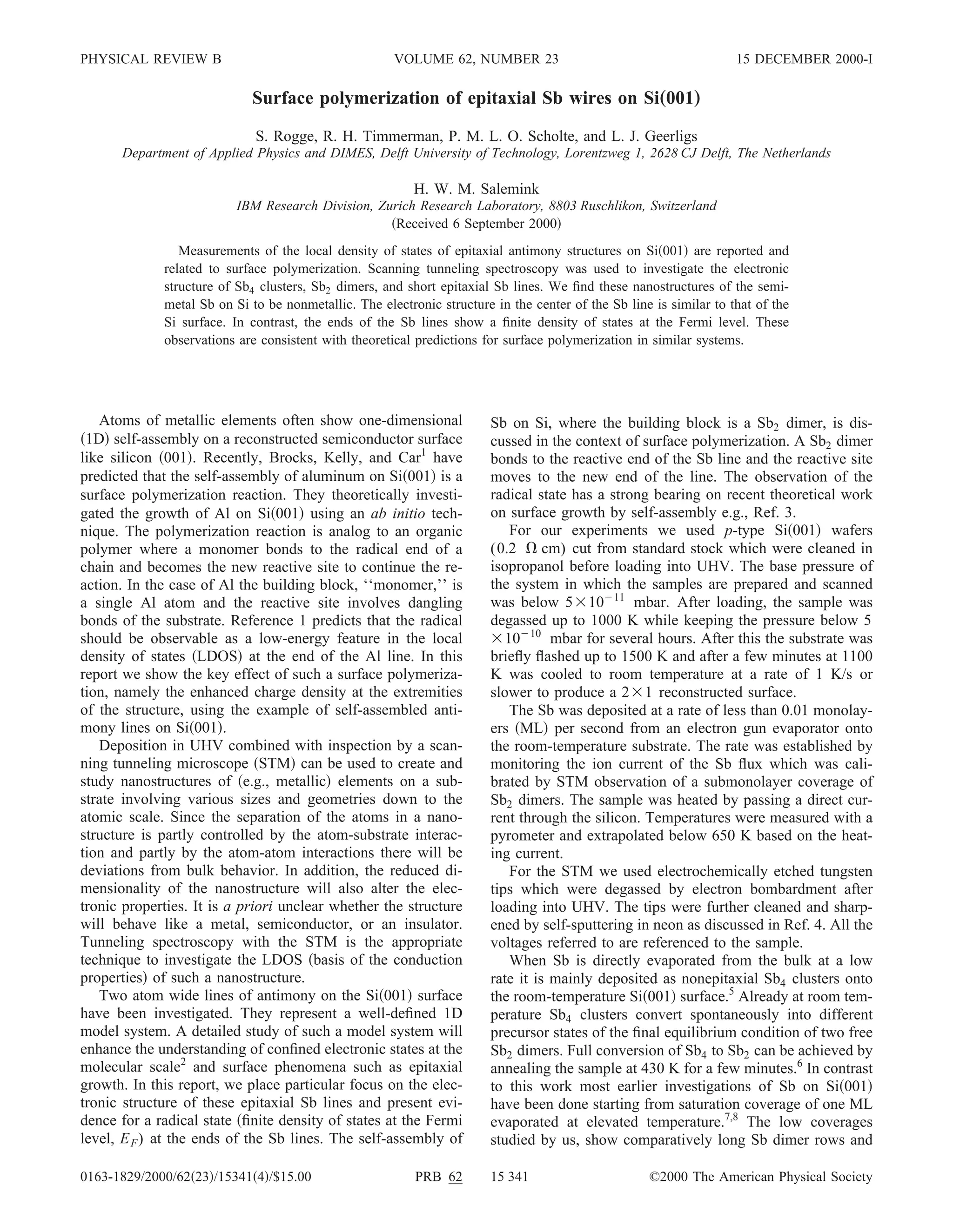 2000 surface polymerization of epitaxial sb wires on si(001) | PDF