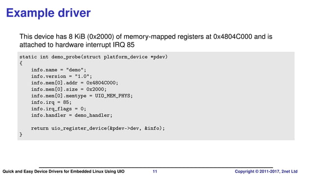 Quick and Easy Device Drivers for Embedded Linux Using UIO | PPT