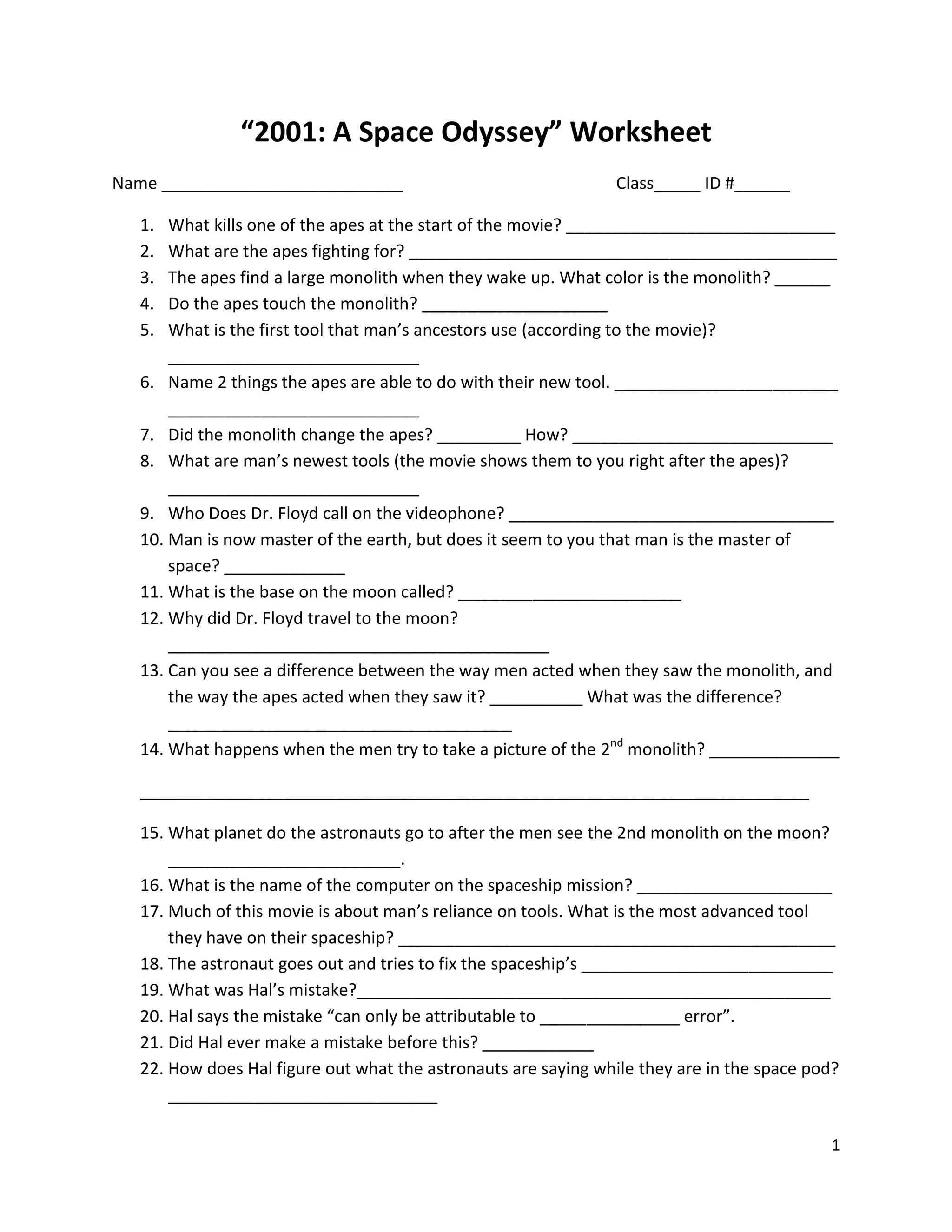 2001 A Space Odyssey follow along worksheet | DOCX