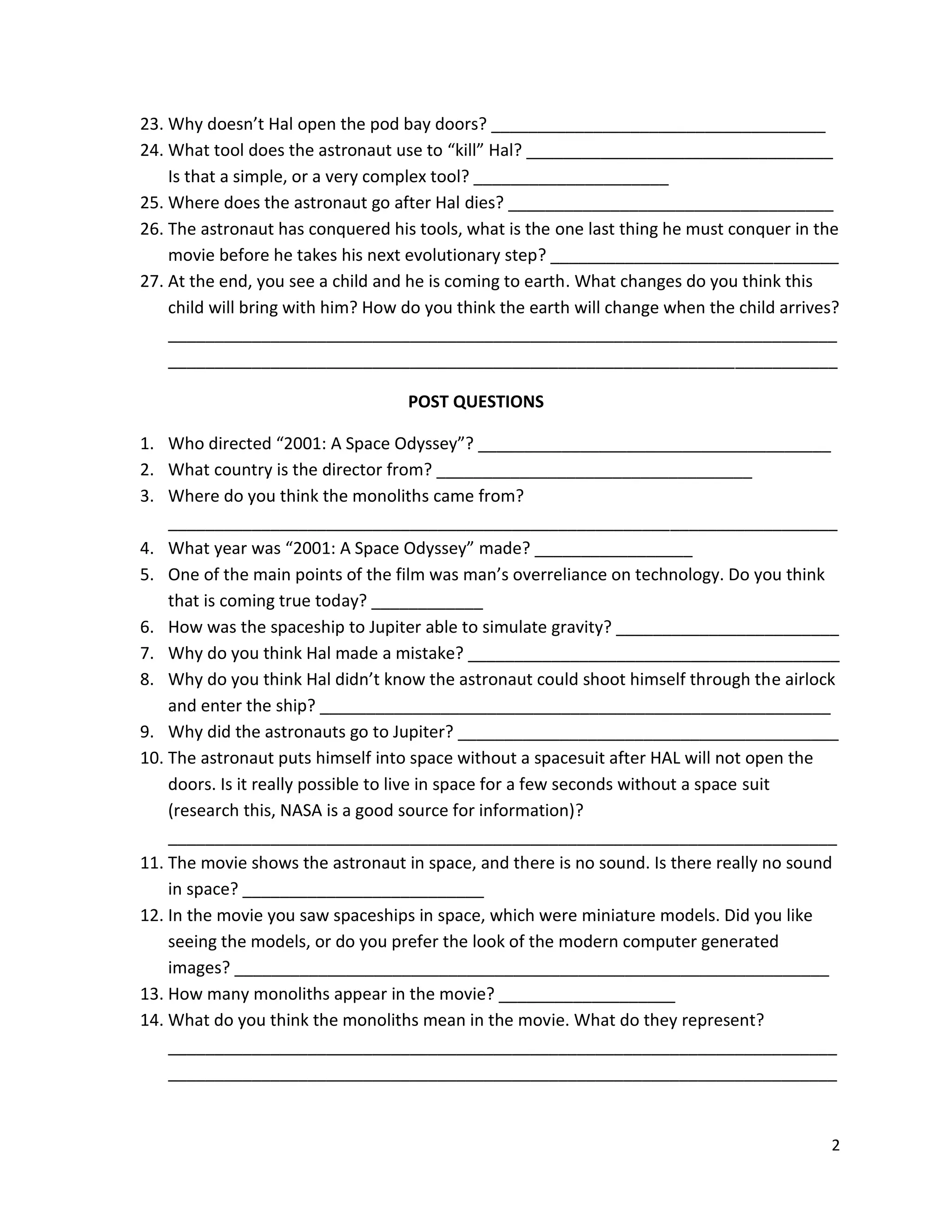 2001 A Space Odyssey follow along worksheet | DOCX