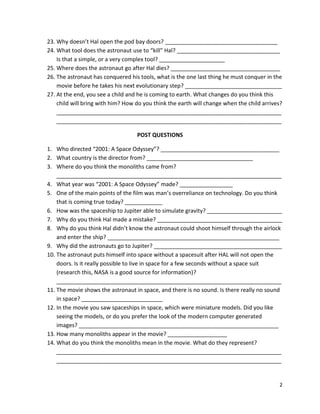 2001 A Space Odyssey follow along worksheet | DOCX