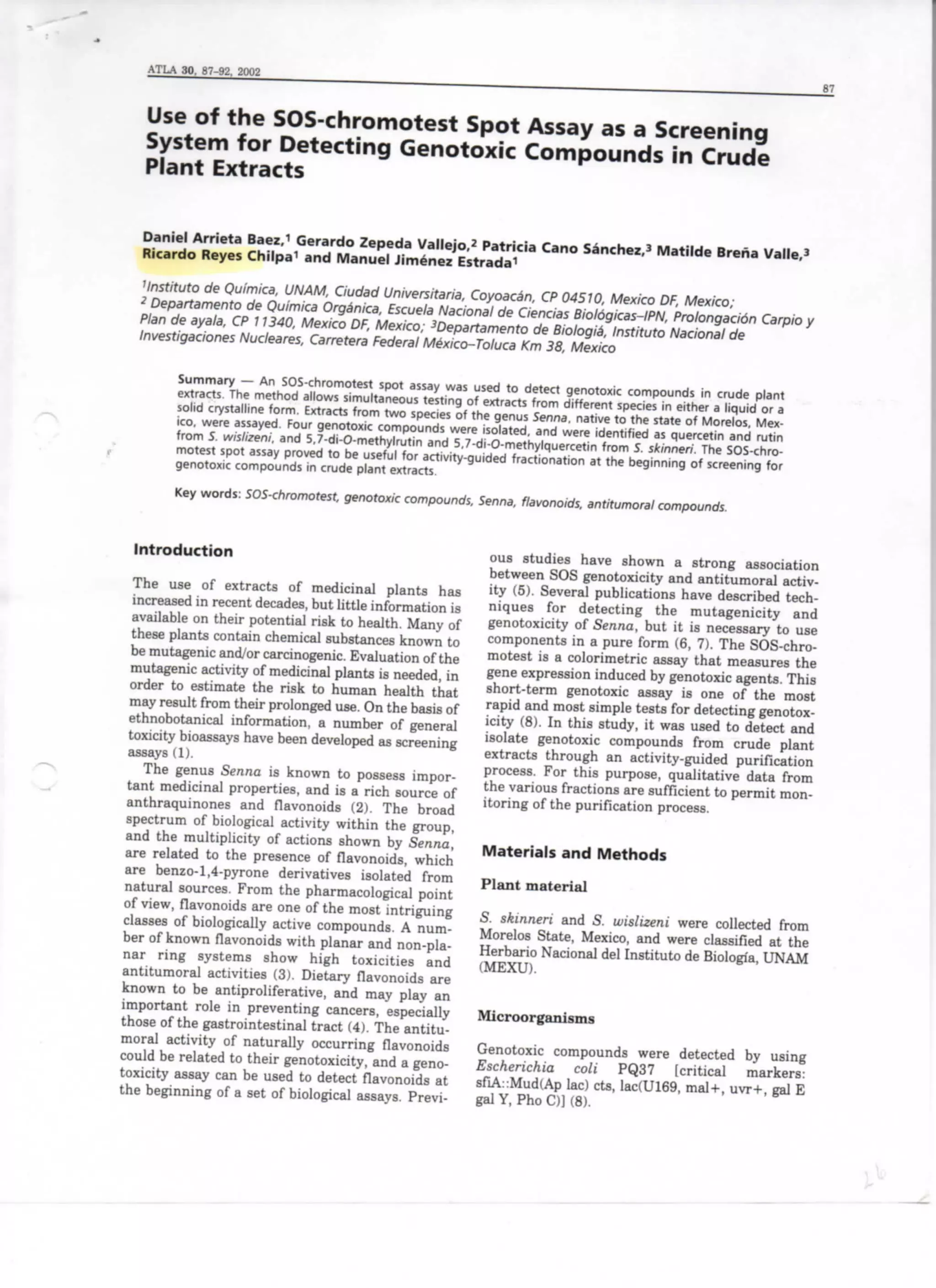 2002. use of the sos chromotest spot assay as a screening system for ...