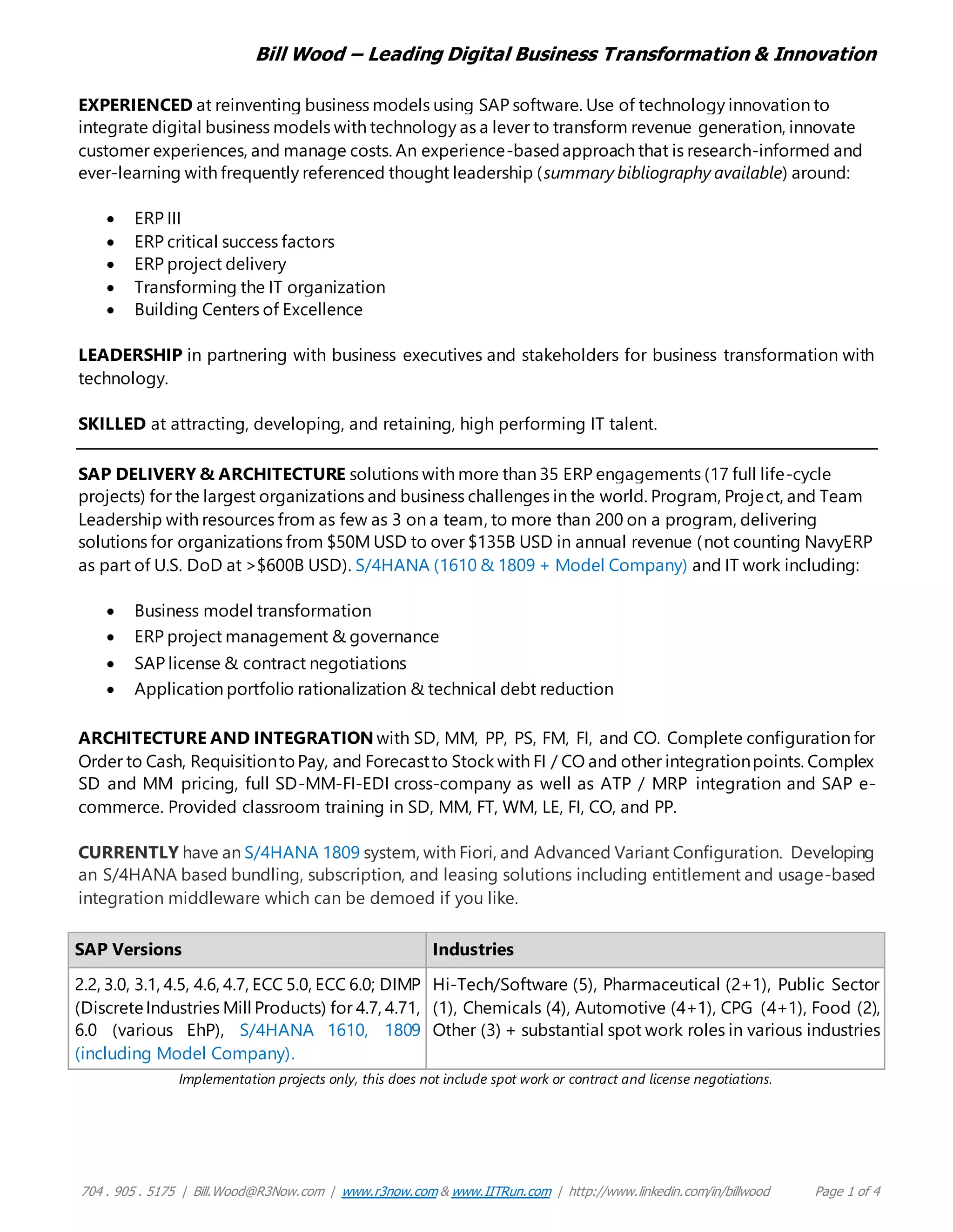 Bill Wood - SAP Digital Business Transformation Resume | DOCX