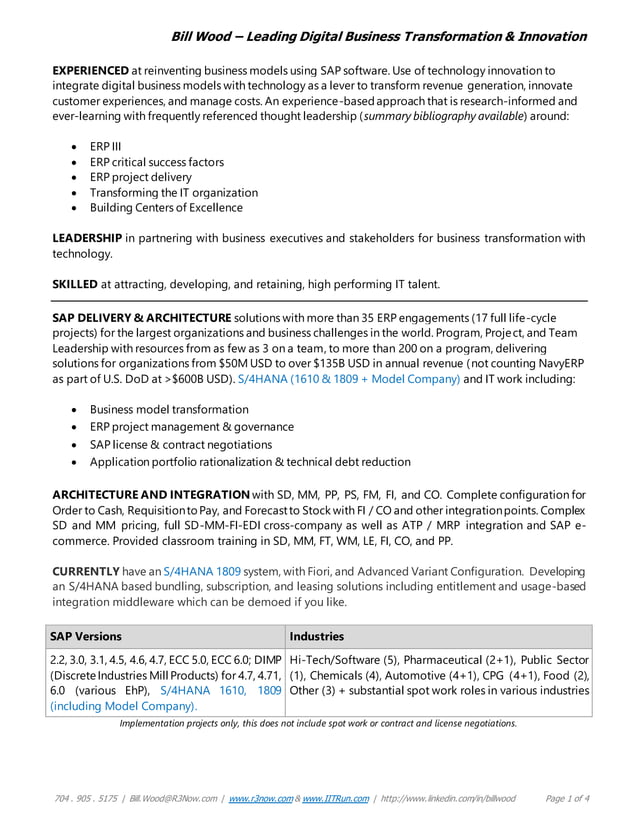 Bill Wood - SAP Digital Business Transformation Resume | DOCX