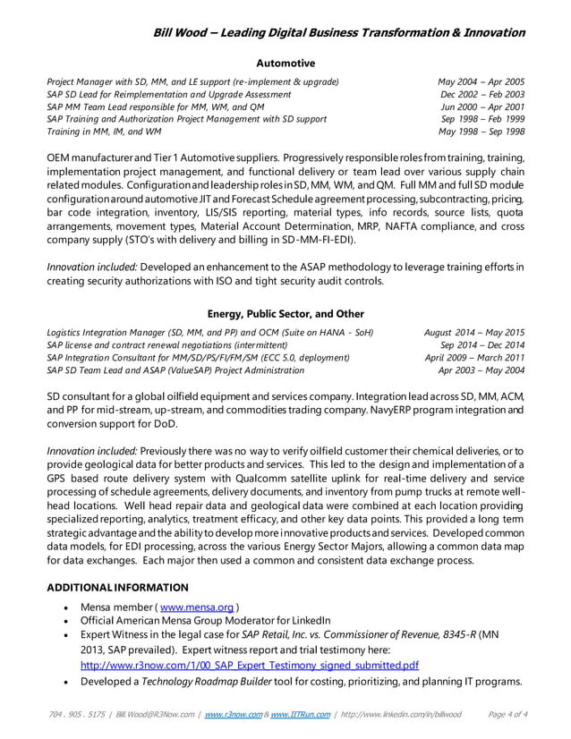 Bill Wood - SAP Digital Business Transformation Resume | DOCX