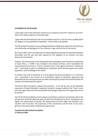 De Klerk Foundation withdraws controversial 14 February statement | PDF