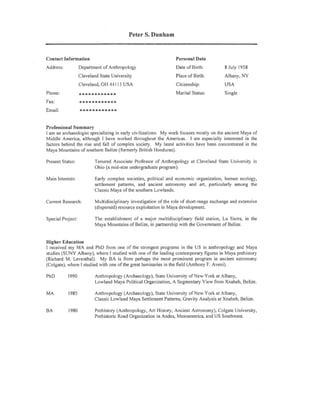 2002 CV of Dr. Peter Dunham (field advisor to Jack Corbo) | DOC