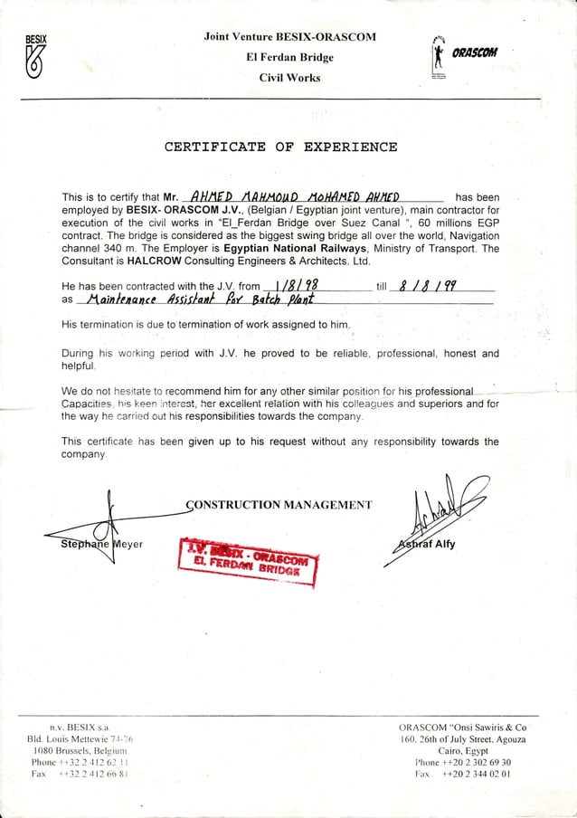 certificate of experience - Orascom | PDF | Civil Engineering Industry | Industries