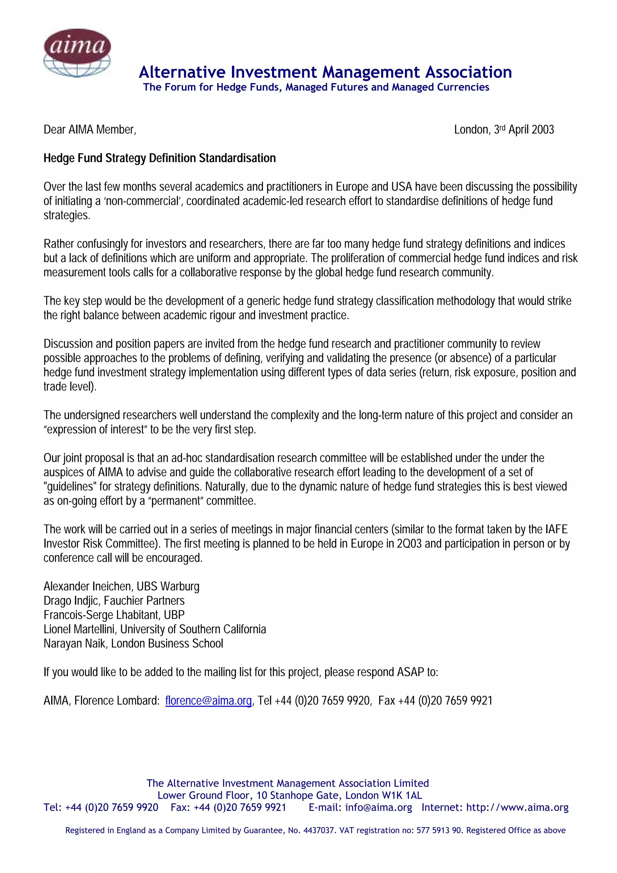 AIMA 2003 Hedge Fund Strategy Classification Initiative | PDF