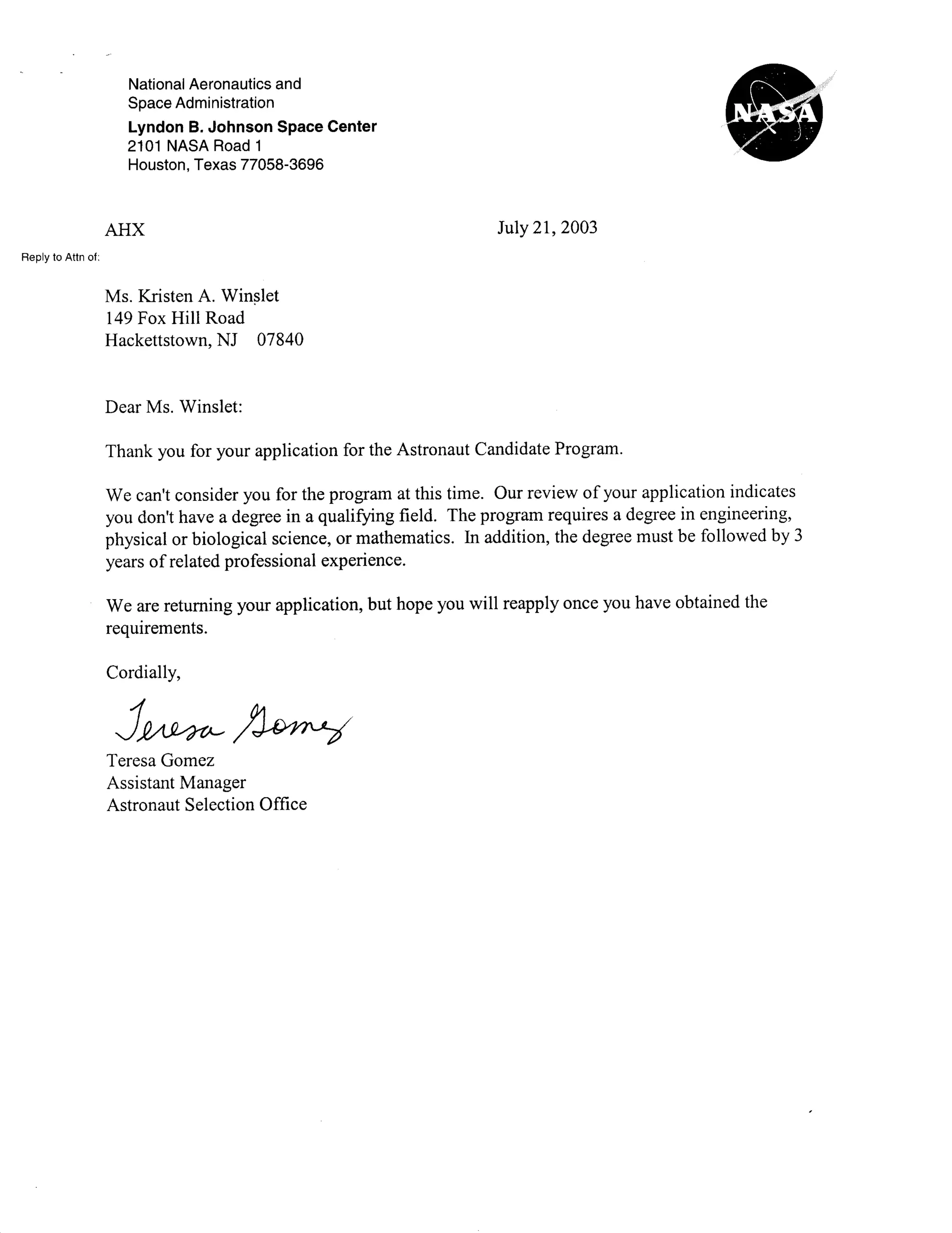2003 astronaut application | PDF