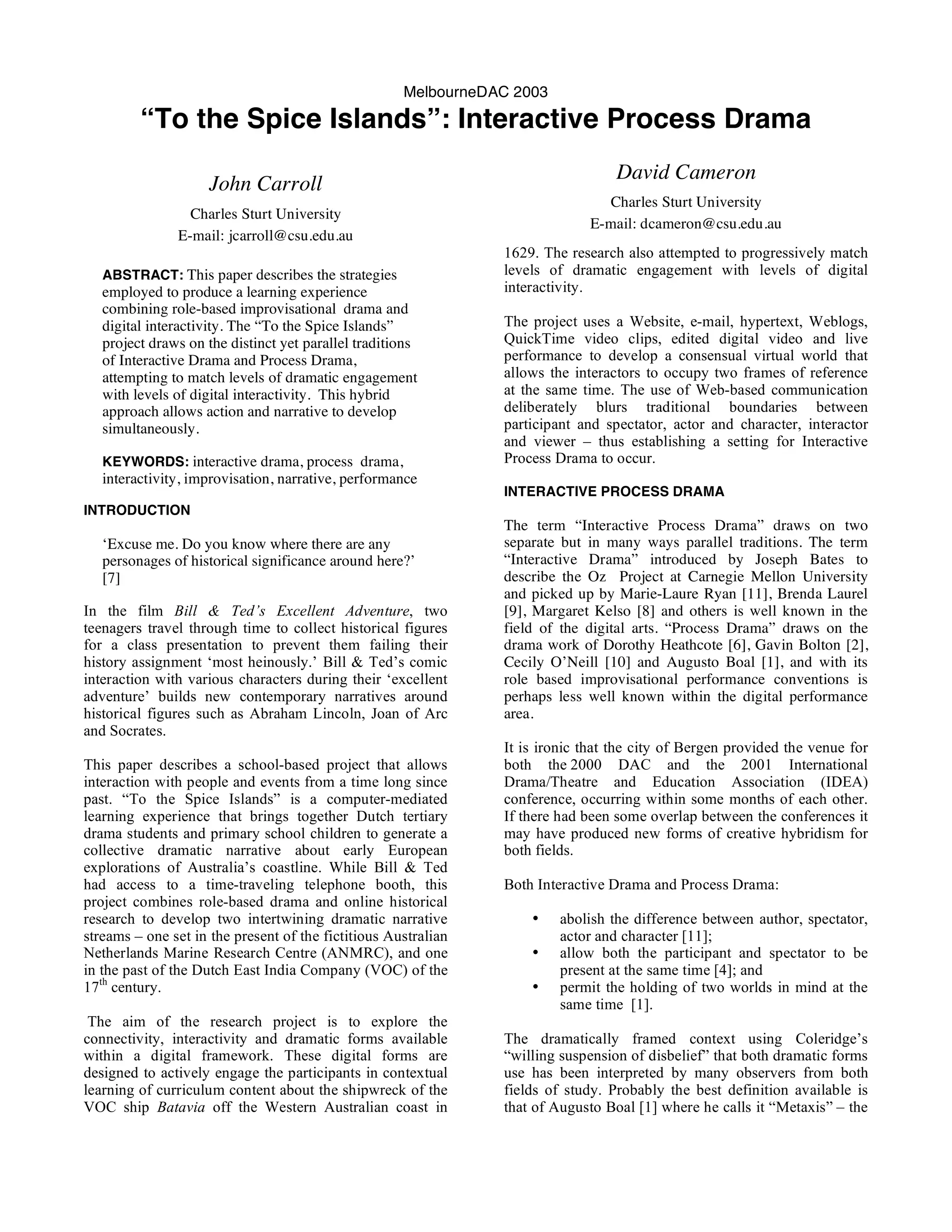 “To the Spice Islands”: Interactive Process Drama | PDF