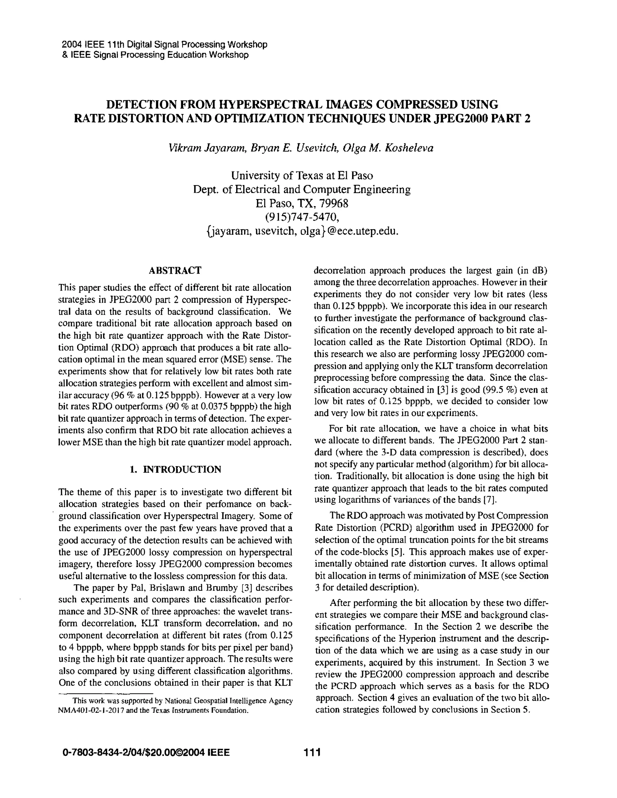 Detection and Classification in Hyperspectral Images using Rate Distortion and Optimization ...