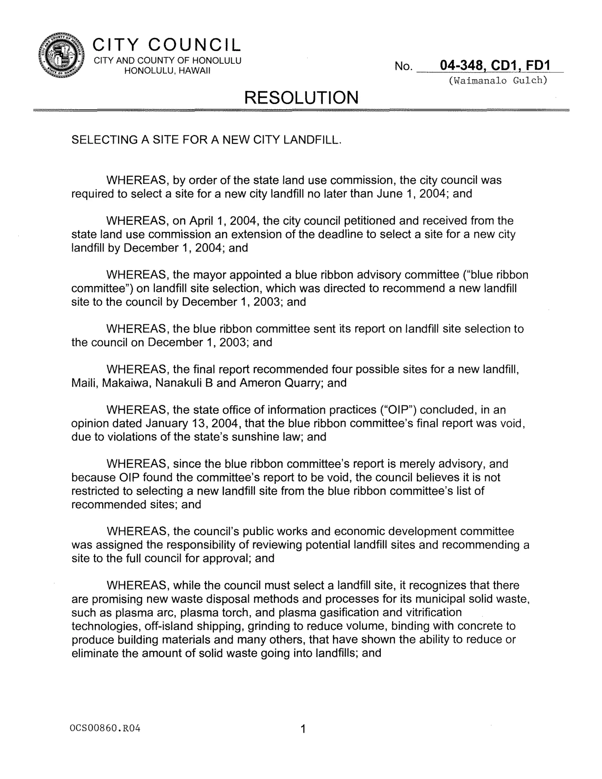 2004 Resolution Adopting Waimanalo Gulch As Landfill Site Pdf