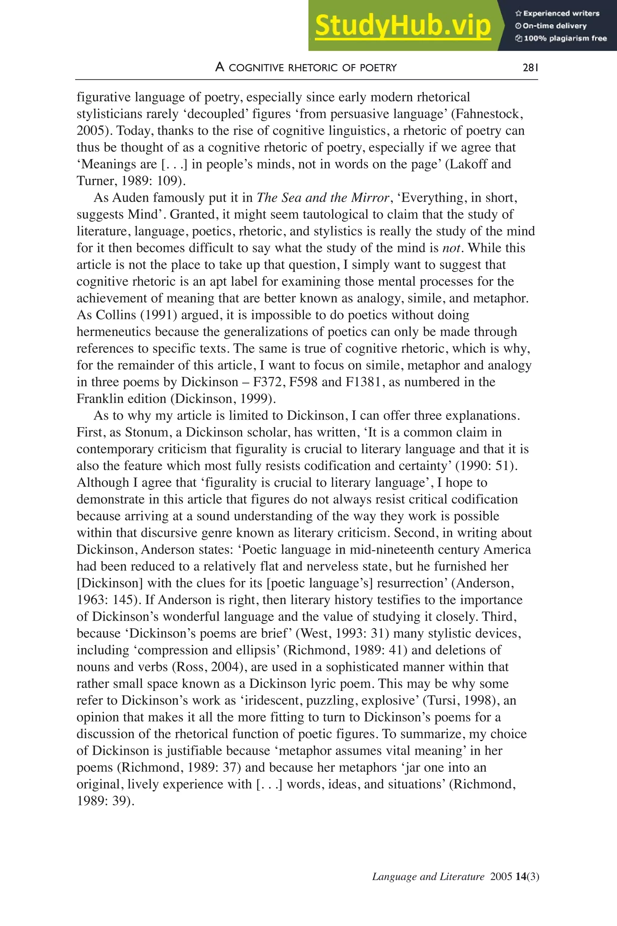 2005. A Cognitive Rhetoric Of Poetry And Emily Dickinson. | PDF