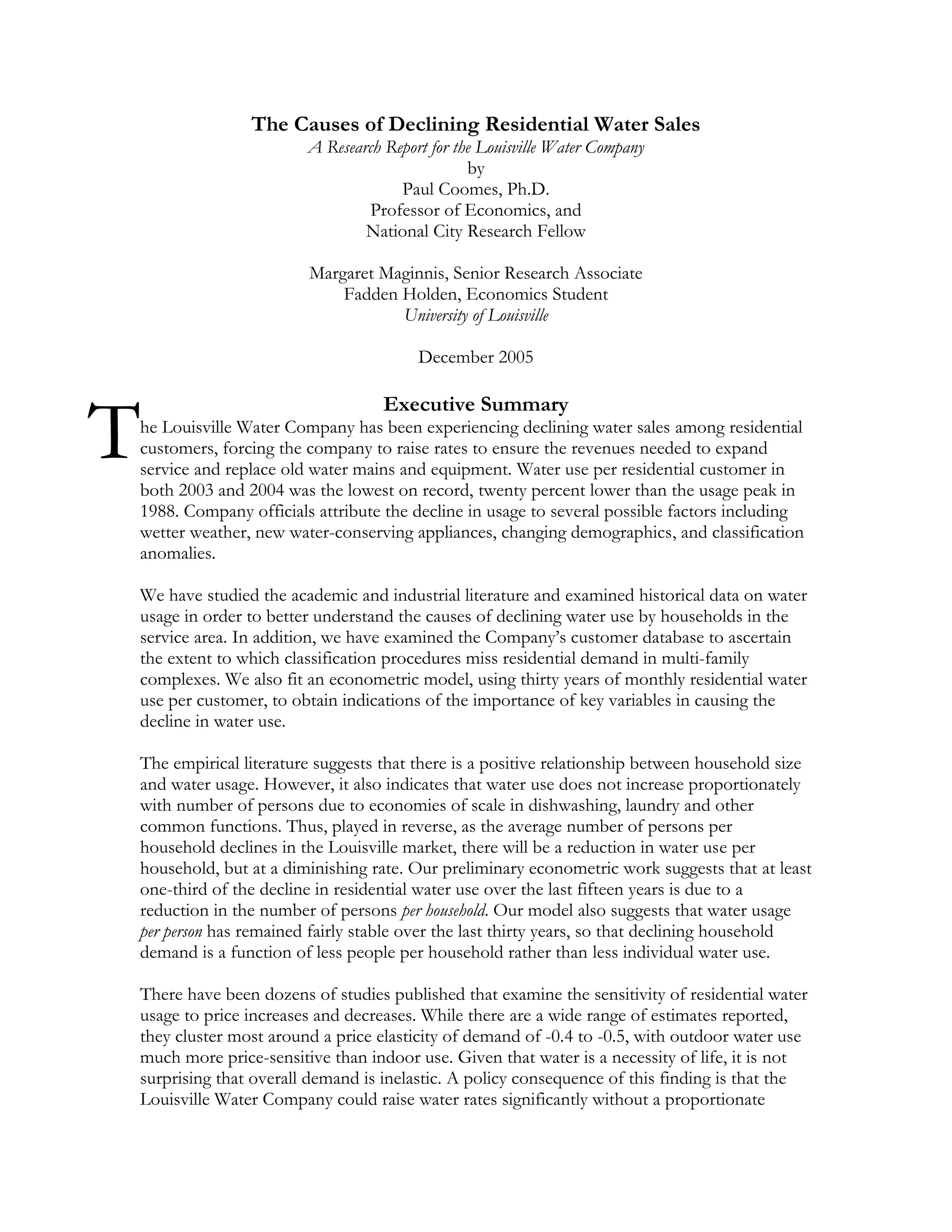 The Causes of Declining Residential Water Usage | PDF