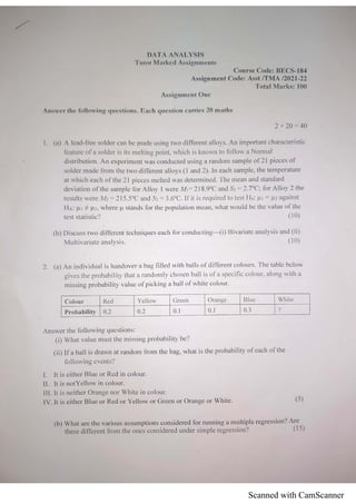 Data Analysis (BECS 184) - Solved Assignment | PDF