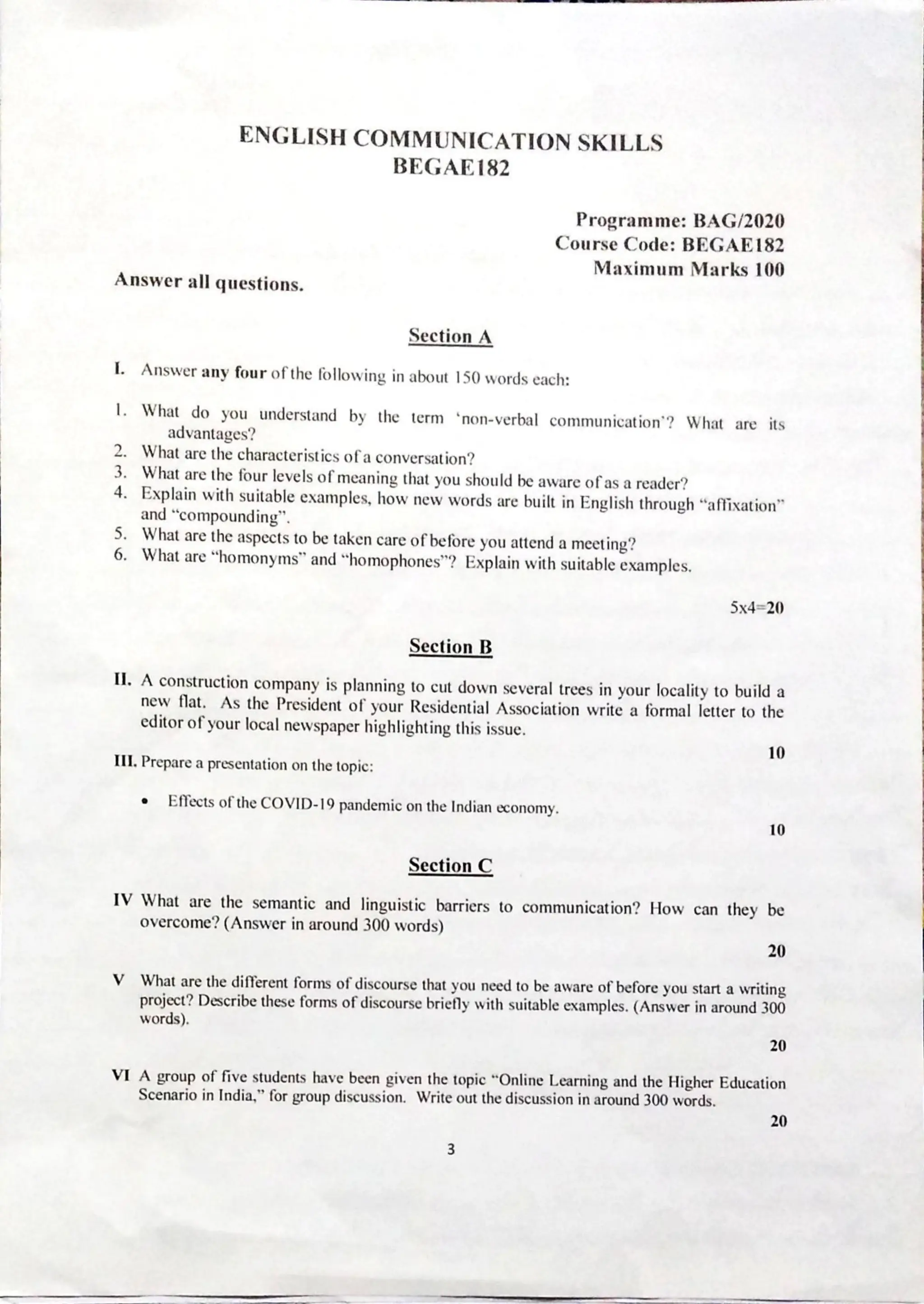 English Communication (BEGAE 182) - Solved Assignment | PDF