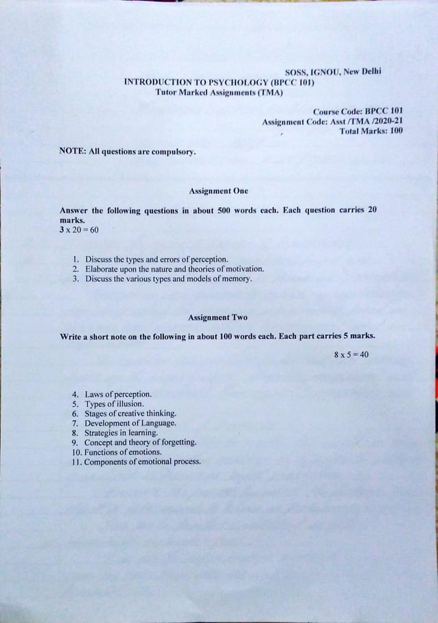 Introduction to Psychology Assignment BPCC 101 | PDF