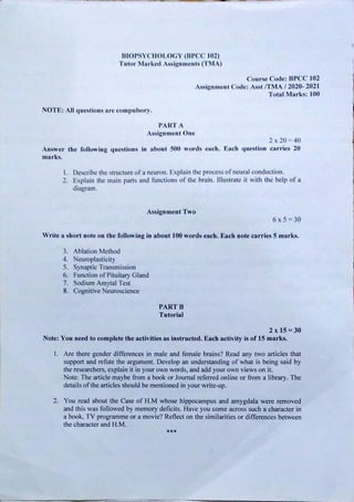 Biopsychology Assignment BPCC 102 - IGNOU | PDF