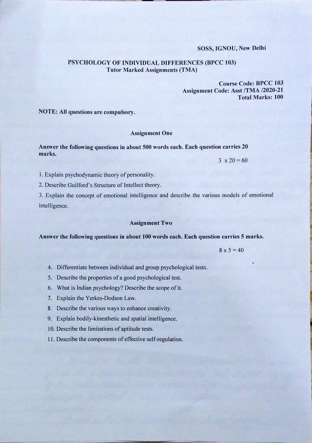 Psychology of Individual Differences BPCC103 Assignment | PDF