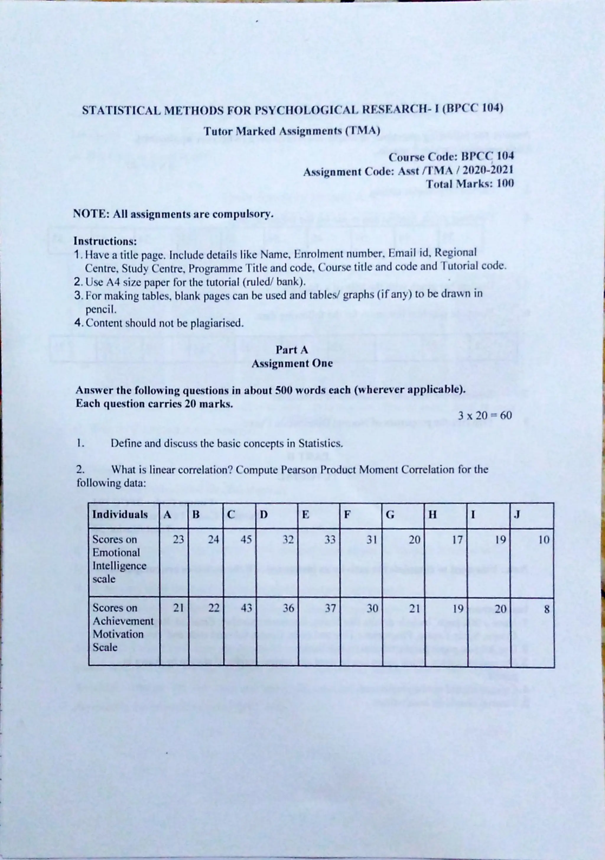 Mathematical Methods for Psychological Research Assignment - BPCC 104 | PDF