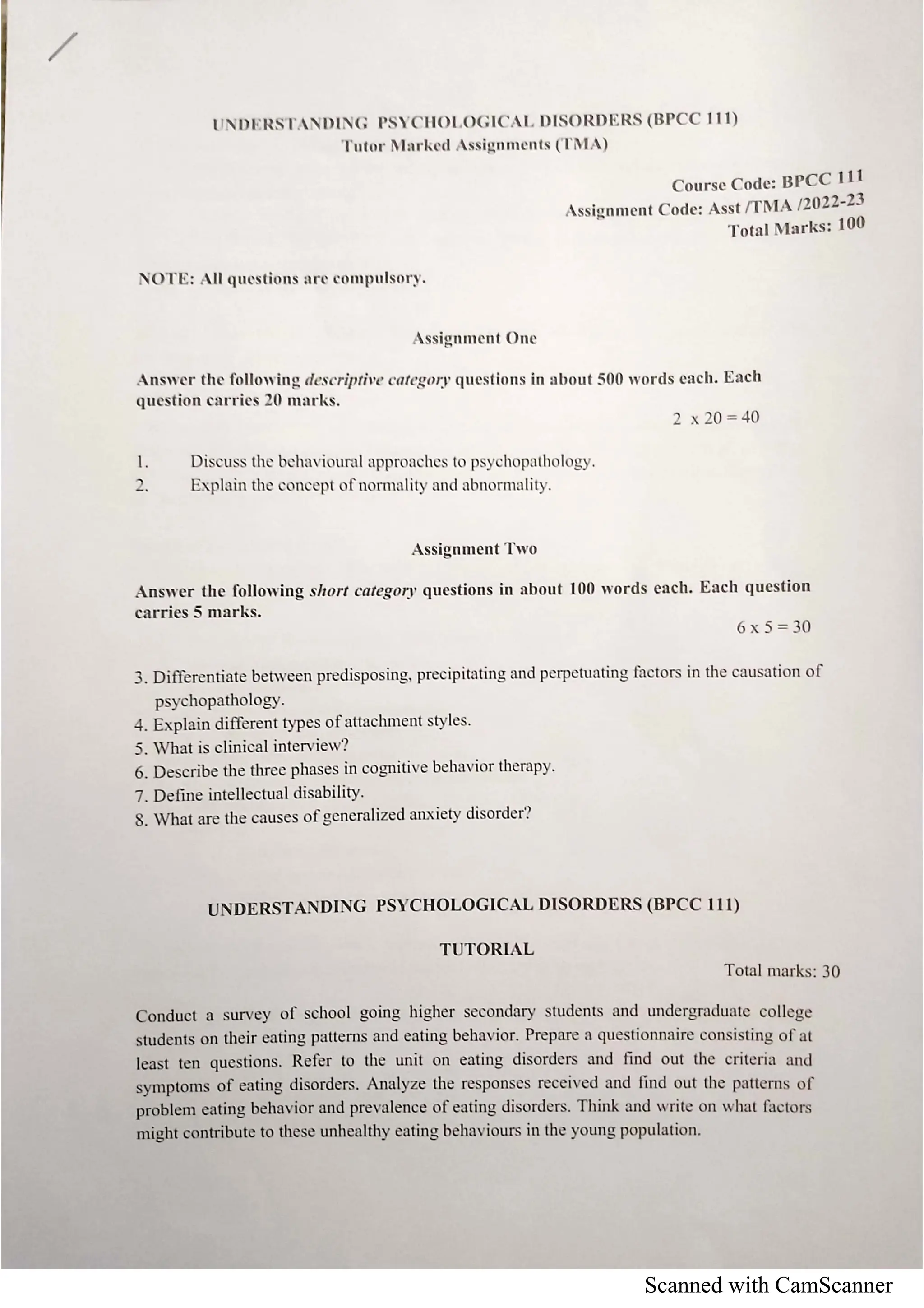 Understanding Psychological Disorders (BPCC 111) - Solved Assignment | PDF