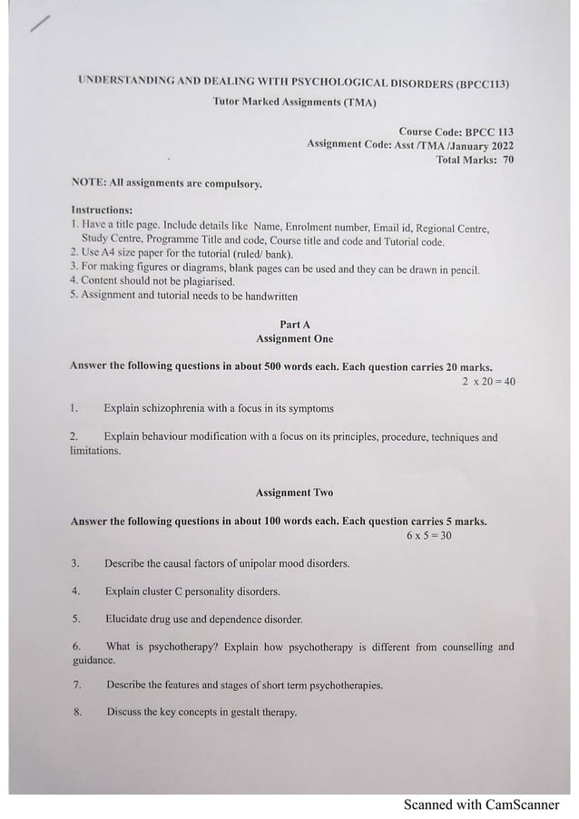 Understanding and Dealing with Psychological Disorders (BPCC 113) - Solved Assignment | PDF