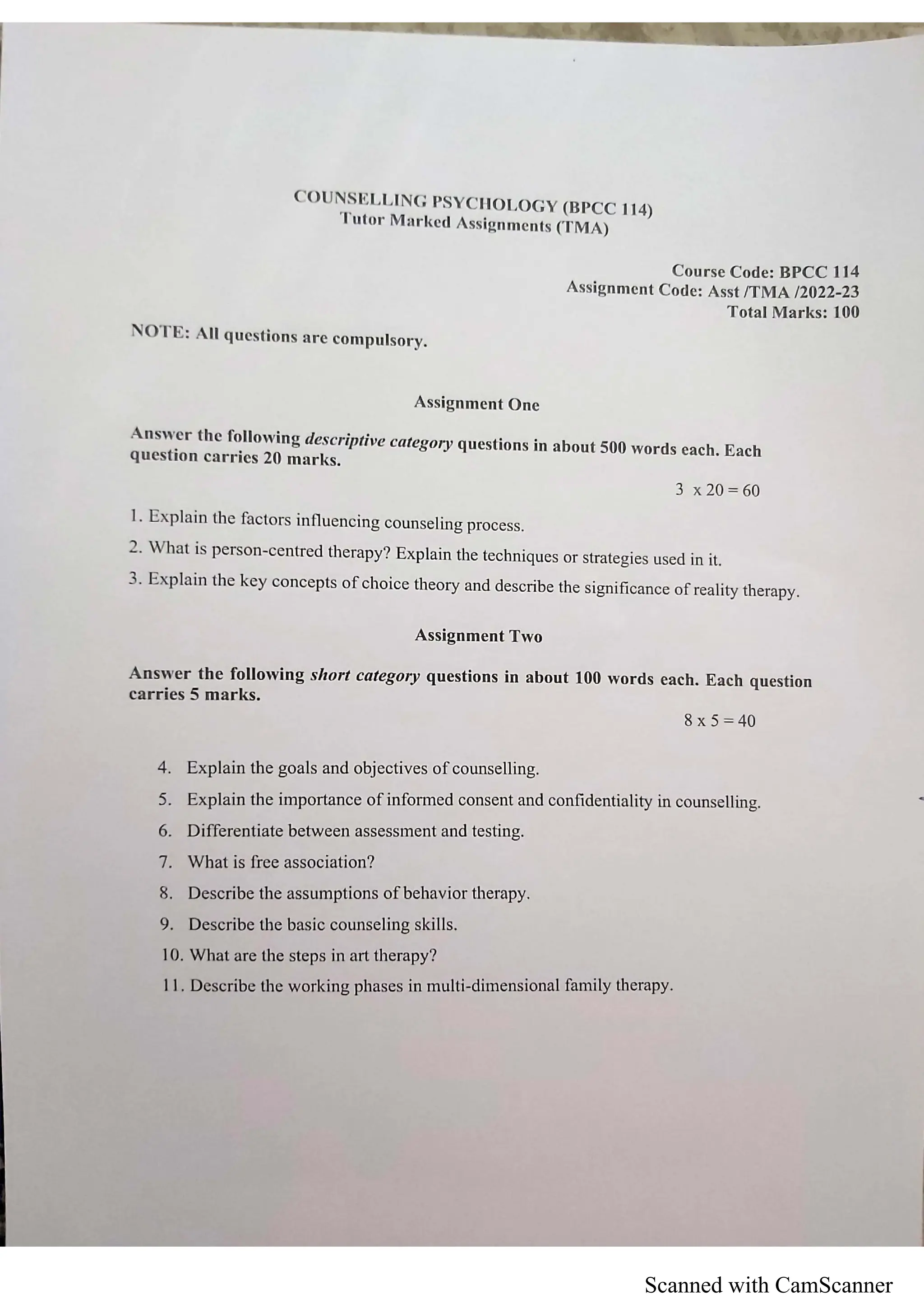 Counselling Psychology (BPCC 114) - Solved Assignment | PDF